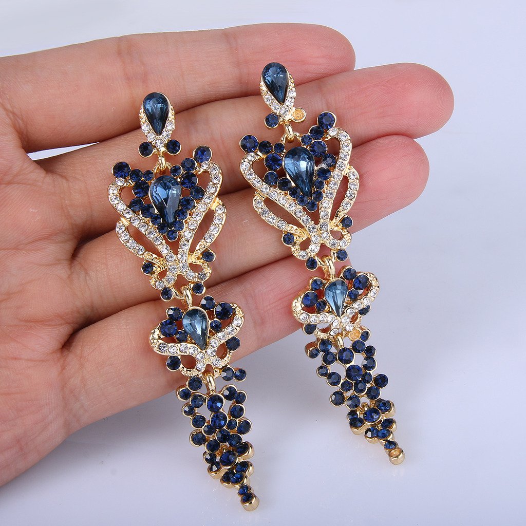 EVER FAITH Women's Austrian Crystal Gastby Inspired Floral Knot Dangle Earrings Navy Blue Gold-Tone