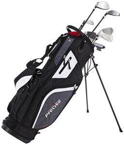 top line men's right handed m5 golf club set for tall men ( height 6'1" - 6'4"), includes driver, wood, hybrid, 5, 6, 7, 8, 9, pw stainless irons with true temper shafts, putter, stand bag & 3 hcs