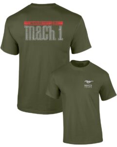 ford t-shirt mustang mach 1 pony front and back tee, military green, l