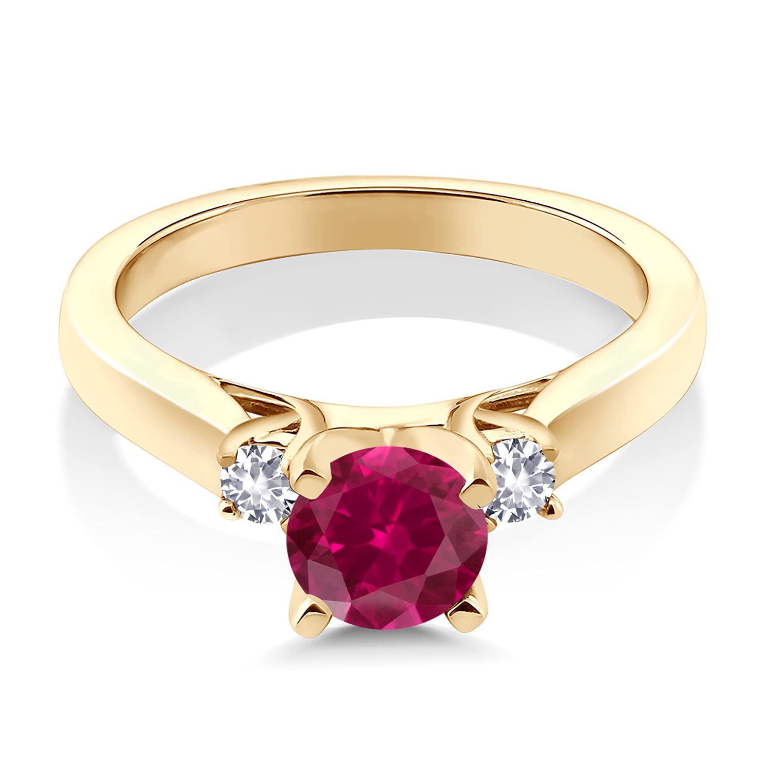 Gem Stone King 18K Yellow Gold Plated Silver Red Created Ruby and White Created Sapphire 3-Stone Engagement Ring For Women (1.10 Cttw, Round 6MM, Gemstone July Birthstone, Size 9)