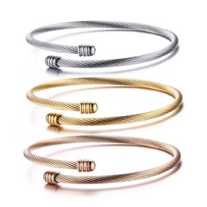 huanian stainless steel triple 3 stackable cable wire twisted cuff bangle bracelet for women, gold/rose/silver