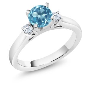 gem stone king 925 sterling silver swiss blue topaz 3-stone engagement ring for women (1.12 cttw, round 6mm, gemstone november birthstone, size 6)