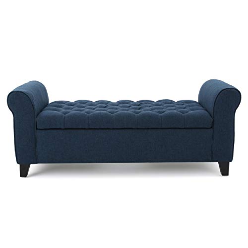 Christopher Knight Home Keiko Fabric Armed Storage Bench, Dark Blue, Dimensions: 19.75”D x 50.00”W x 20.5”H