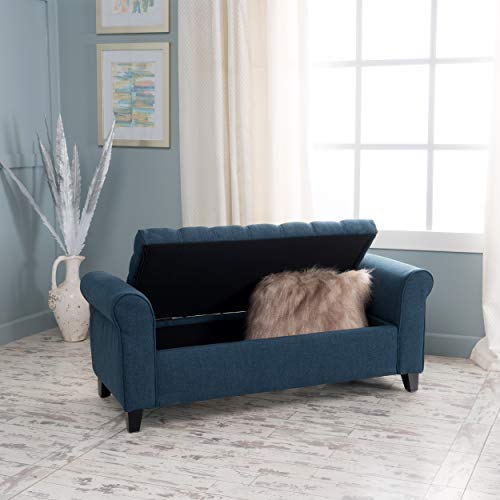 Christopher Knight Home Keiko Fabric Armed Storage Bench, Dark Blue, Dimensions: 19.75”D x 50.00”W x 20.5”H