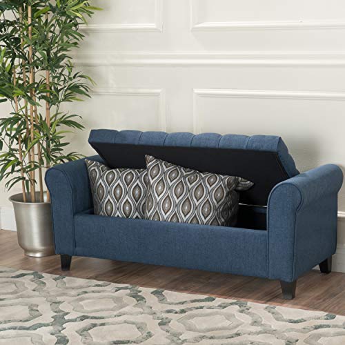 Christopher Knight Home Keiko Fabric Armed Storage Bench, Dark Blue, Dimensions: 19.75”D x 50.00”W x 20.5”H