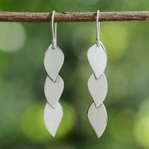 NOVICA Artisan Sterling Silver Dangle Earrings Leaf Shaped from Thailand No Stone [1.9 in L x 0.3 in W] ' Romantic Leaves'