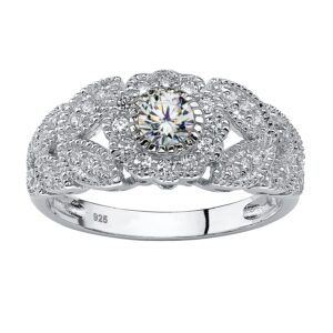 palmbeach platinum-plated sterling silver round cubic zirconia flower miligrain engagement ring sizes 5-10 size 6