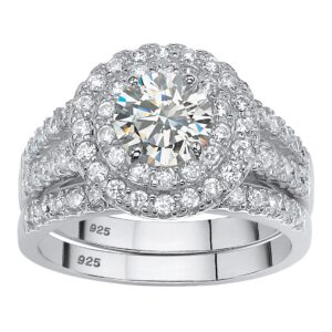 palmbeach platinum-plated sterling silver round cubic zirconia double halo bridal ring set sizes 6-10 size 8