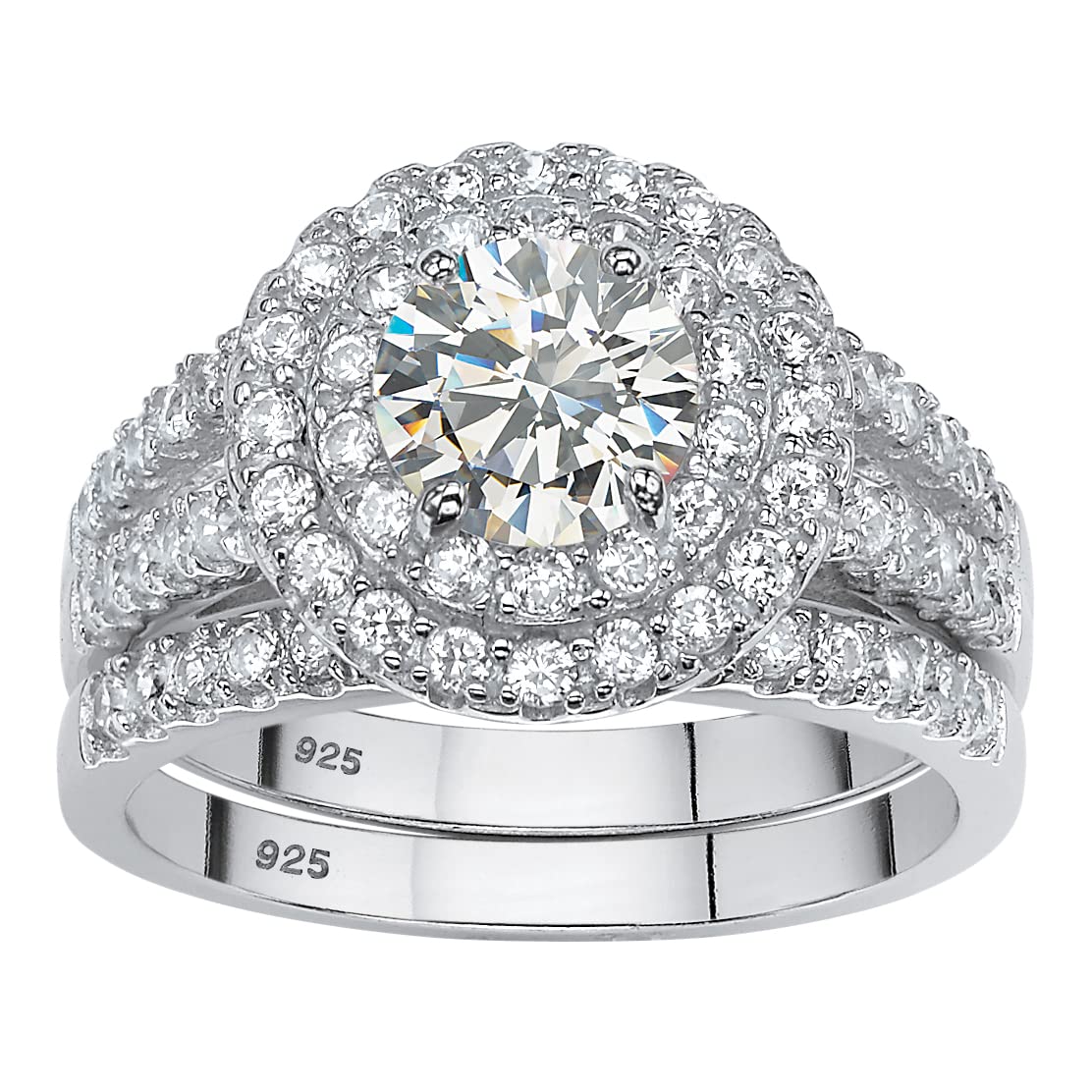 PalmBeach Platinum-plated Sterling Silver Round Cubic Zirconia Double Halo Bridal Ring Set Sizes 6-10 Size 8