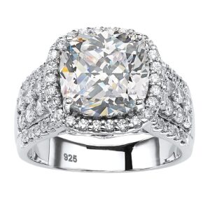 palmbeach platinum-plated sterling silver cushion cubic zirconia simulated halo engagement ring sizes 6-10 size 6