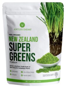 antler farms - 100% pure organic new zealand super greens powder, 40 servings, 200g - wheat grass, barley grass, chlorella, spirulina - vegan, gluten free, chlorophyll rich, for energy and detox