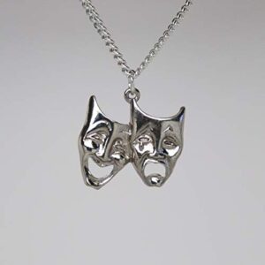 Real Metal Comedy Tragedy Masks for Drama Theater and Actors Silver Finish Pewter Pendant Necklace