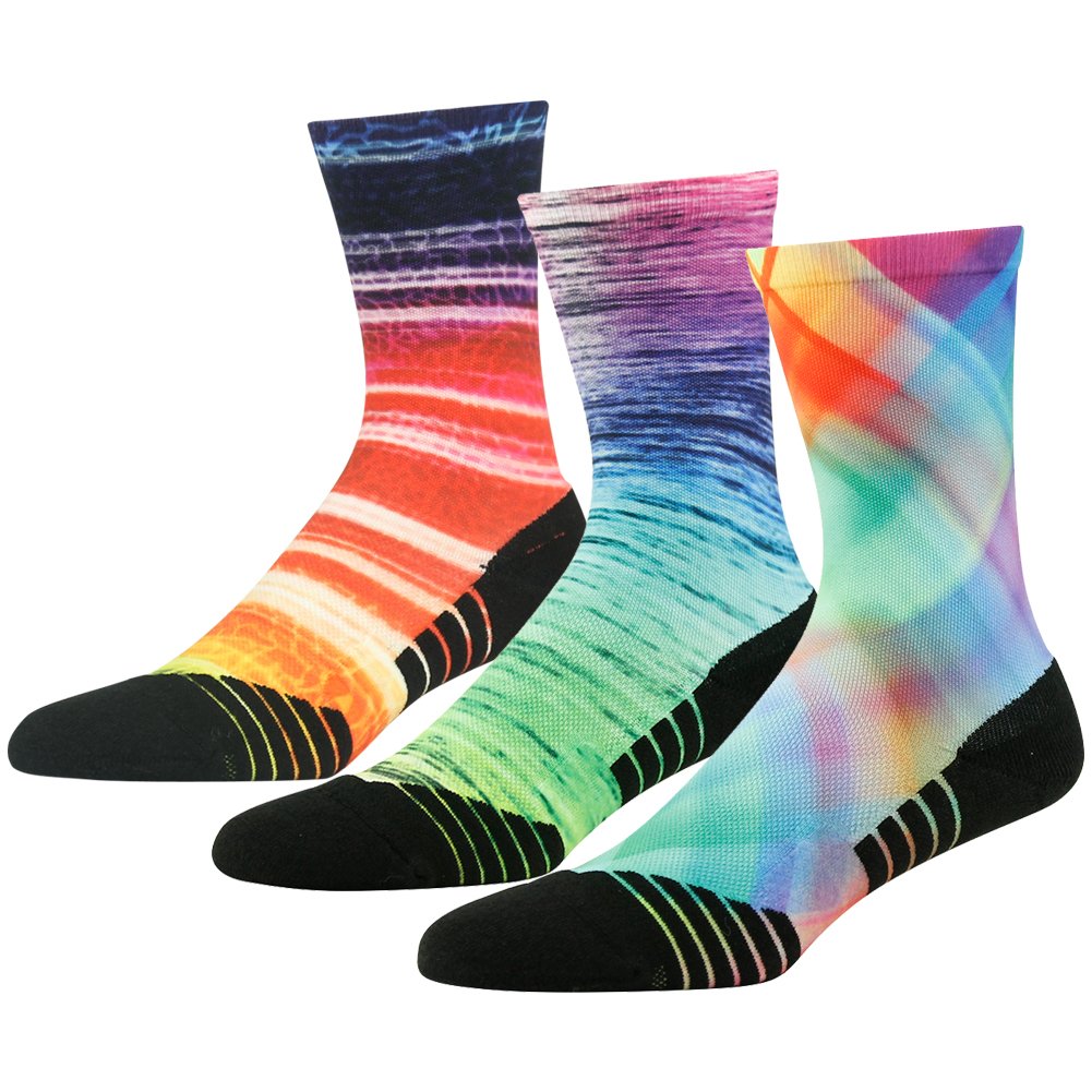 HUSO Hiking Socks Men Women Moisture Wicking Unique Printing Novelty Lightweight Running Hiking Crew Socks 3 Pairs (Multicolor, L/XL)