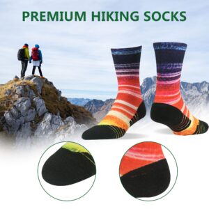 HUSO Hiking Socks Men Women Moisture Wicking Unique Printing Novelty Lightweight Running Hiking Crew Socks 3 Pairs (Multicolor, L/XL)