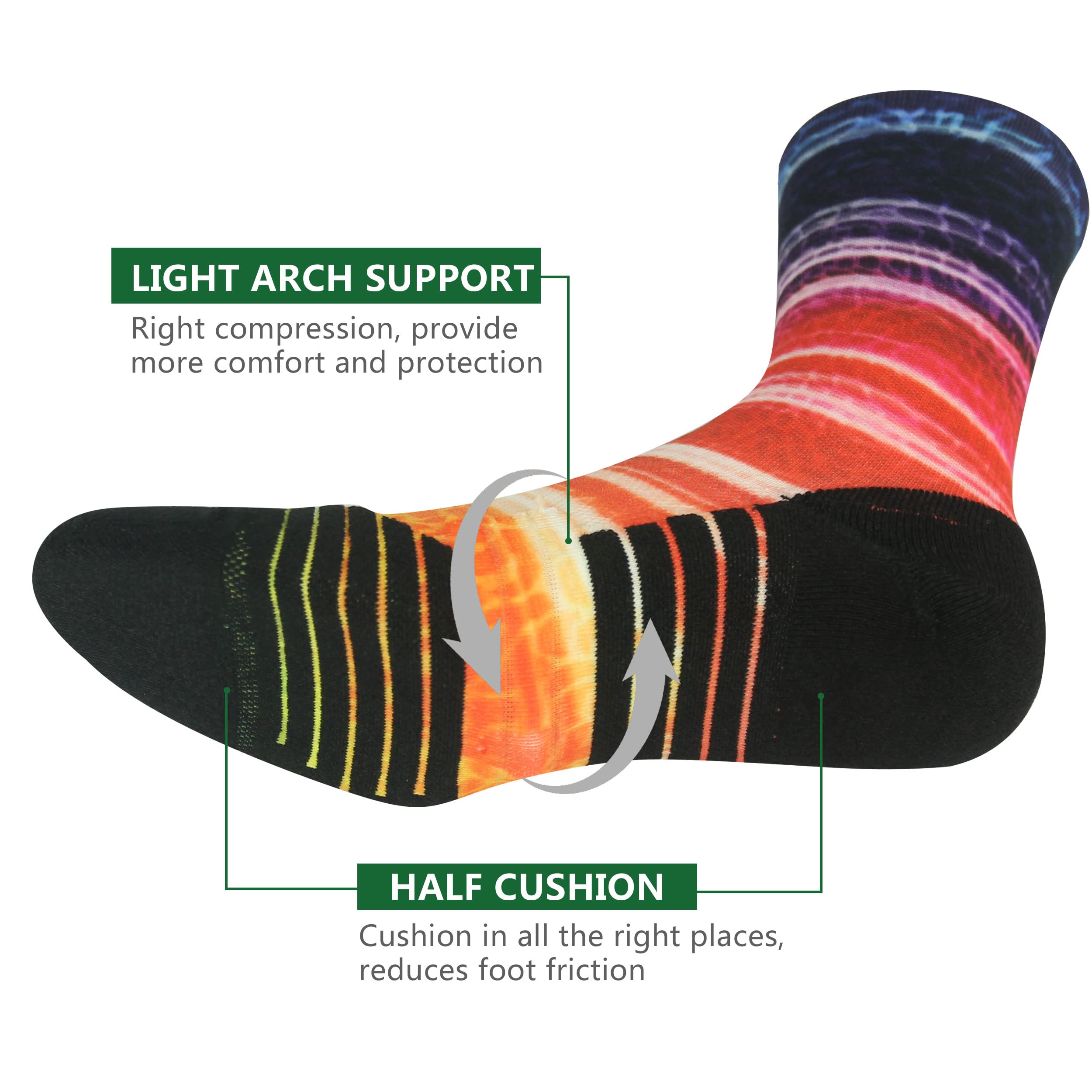 HUSO Hiking Socks Men Women Moisture Wicking Unique Printing Novelty Lightweight Running Hiking Crew Socks 3 Pairs (Multicolor, L/XL)