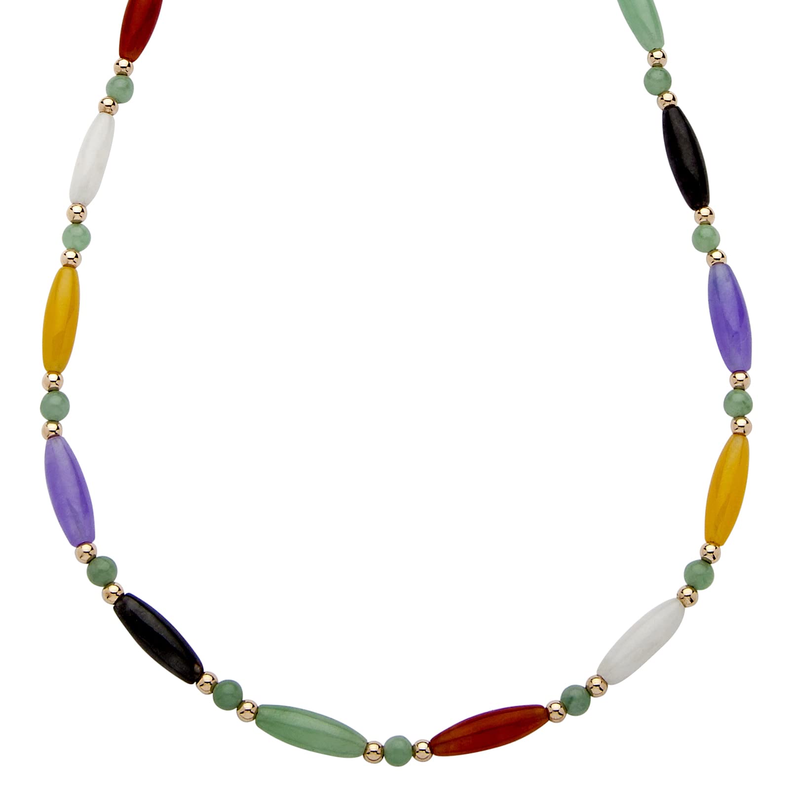 PalmBeach 14K Yellow Gold Genuine Multicolor Jade, Beaded and Barrel Link Strand Necklace (5mm), Fish Hook Clasp, 18 inches