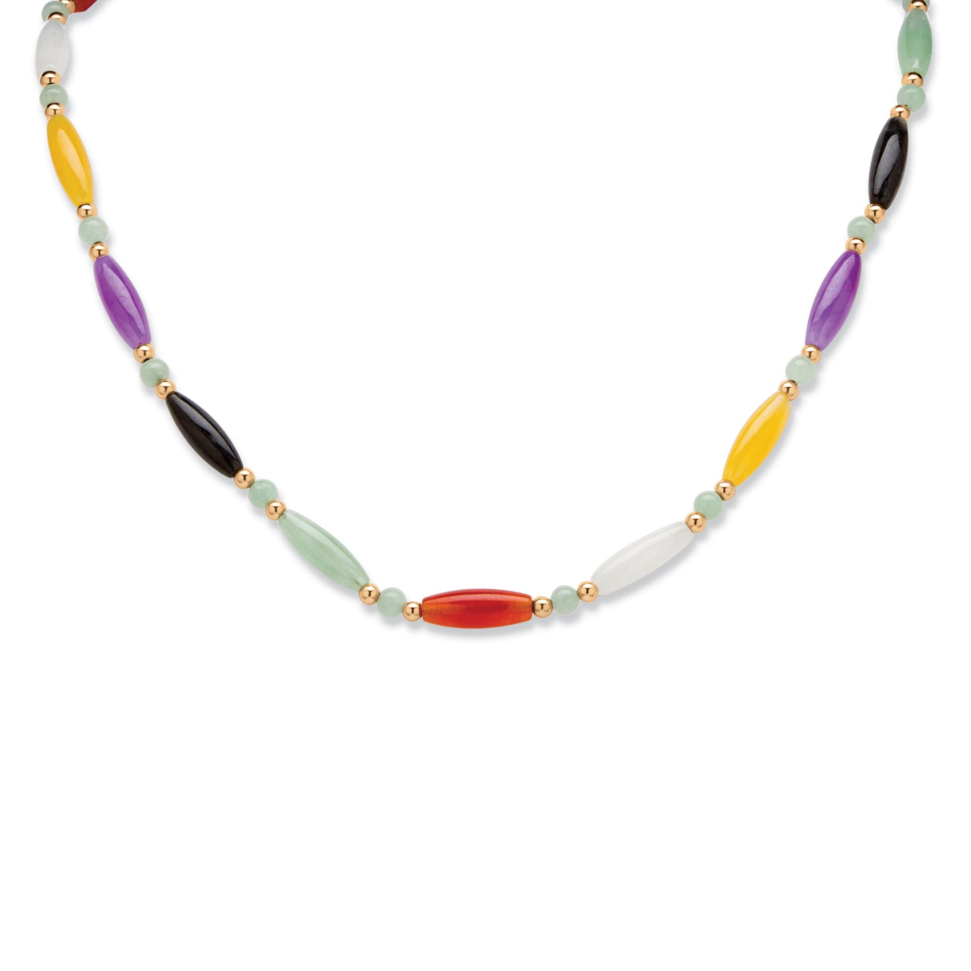 PalmBeach 14K Yellow Gold Genuine Multicolor Jade, Beaded and Barrel Link Strand Necklace (5mm), Fish Hook Clasp, 18 inches