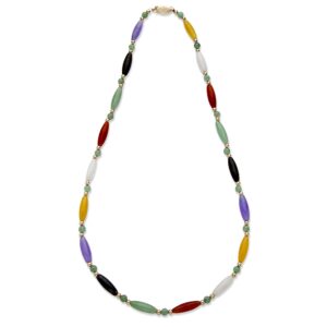 PalmBeach 14K Yellow Gold Genuine Multicolor Jade, Beaded and Barrel Link Strand Necklace (5mm), Fish Hook Clasp, 18 inches