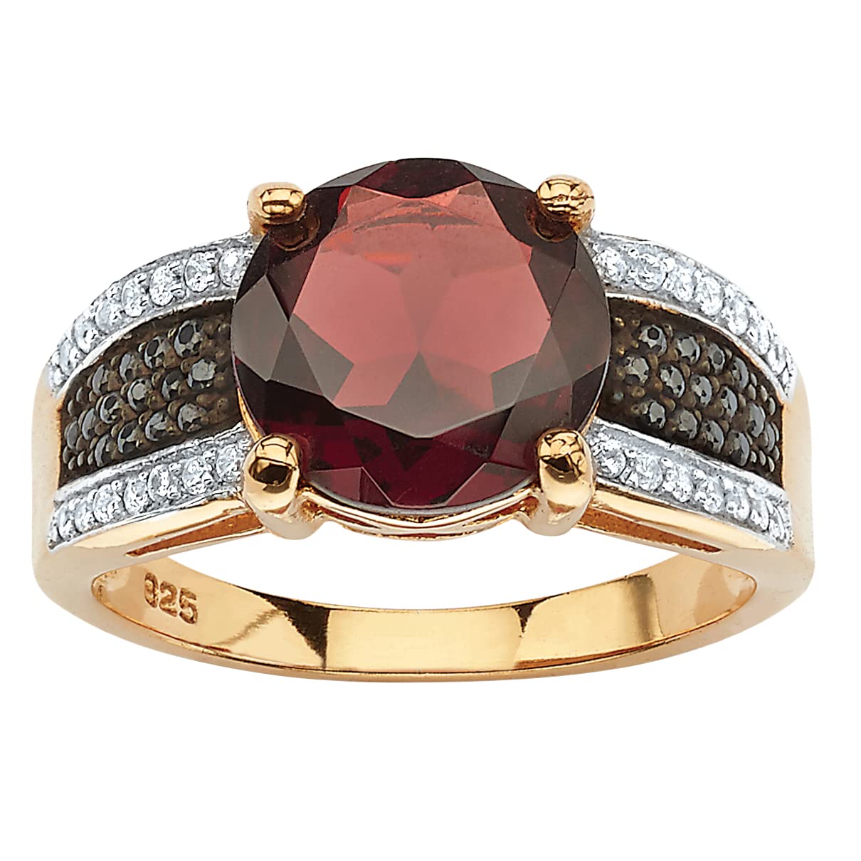 PalmBeach Yellow Gold-plated Sterling Silver Round Genuine Red Garnet and Round Black Cubic Zirconia Ring Sizes 6-10 Size 10