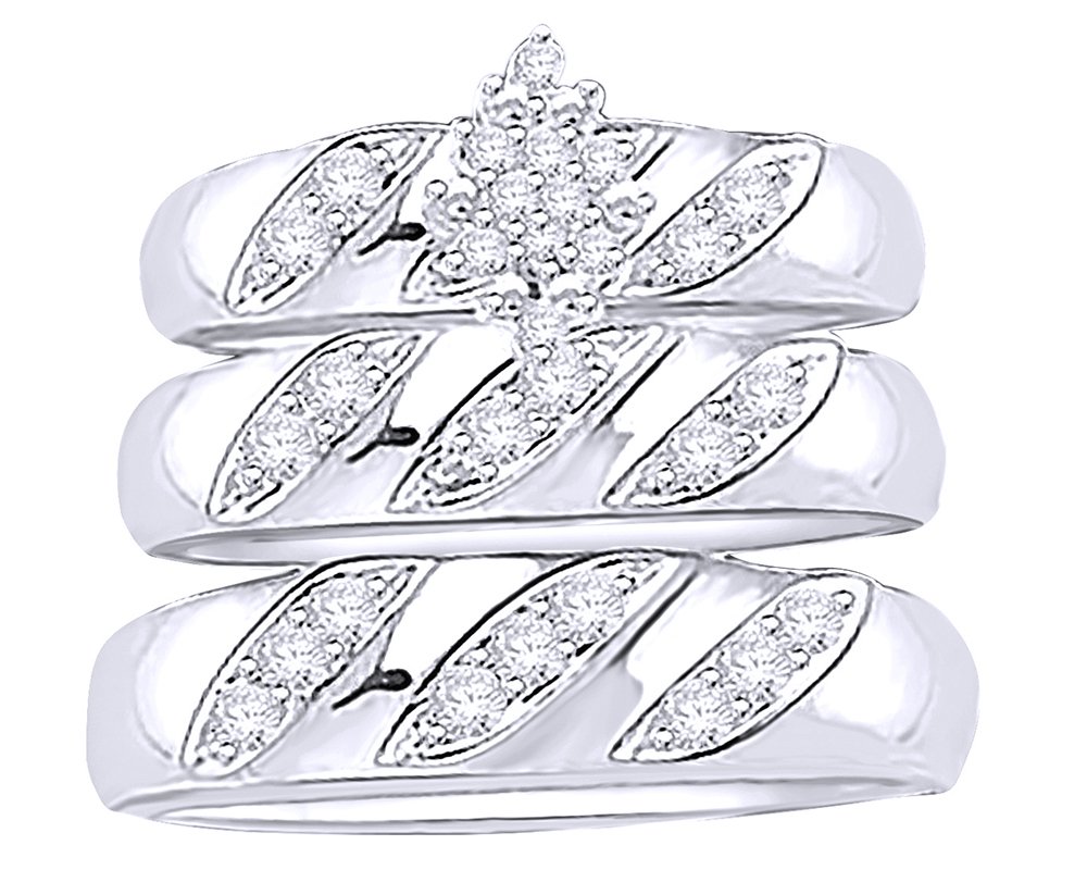 Jewel Zone US White Natural Diamond Engagement & Wedding Trio Band Ring Set 14k White Gold Over Sterling Silver (0.17 Carat)