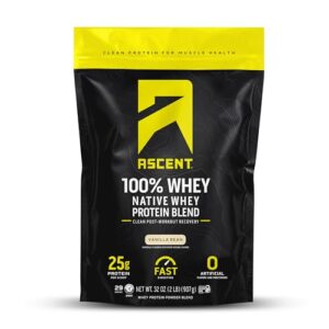 ascent 100% whey protein powder - post workout whey protein isolate, zero artificial flavors & sweeteners, soy & gluten free, 5.5g bcaa, 2.6g leucine, essential amino acids, vanilla bean 2 lb