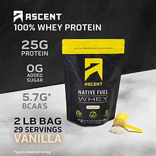 Ascent 100% Whey Protein Powder - Post Workout Whey Protein Isolate, Zero Artificial Flavors & Sweeteners, Soy & Gluten Free, 5.5g BCAA, 2.6g Leucine, Essential Amino Acids, Vanilla Bean 2 lb