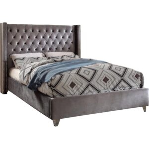 meridian furniture aiden collection modern | contemporary velvet upholstered bed with deep button tufting, solid wood frame, and custom chrome legs, king, grey