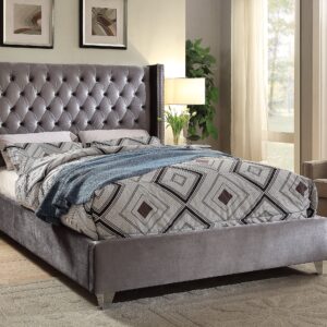 Meridian Furniture Aiden Collection Modern | Contemporary Velvet Upholstered Bed with Deep Button Tufting, Solid Wood Frame, and Custom Chrome Legs, King, Grey