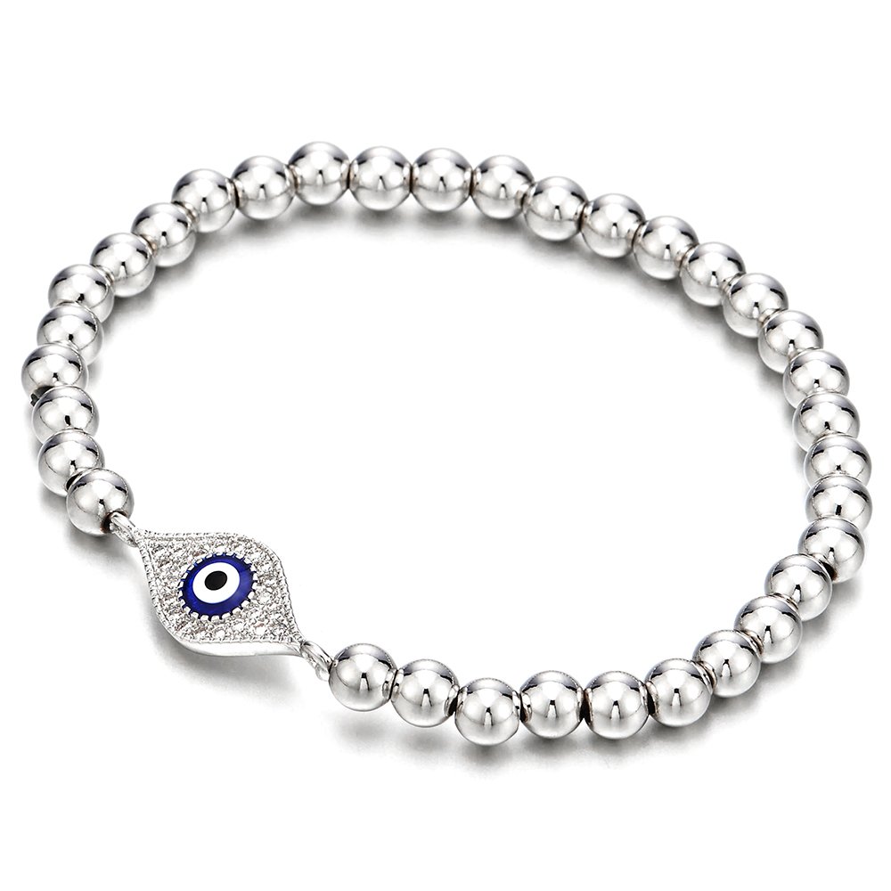 COOLSTEELANDBEYOND Beads Bracelet for Women Men with Cubic Zirconia Protection Evil Eye