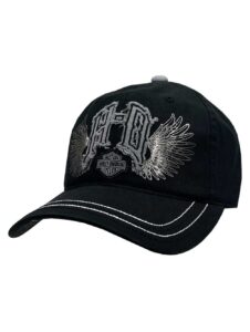 harley-davidson women's spiked monogram frayed h-d baseball cap w/silver wings