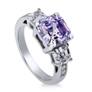 berricle sterling silver 3-stone wedding engagement rings purple asscher cut cubic zirconia cz statement cocktail anniversary ring for women, rhodium plated size 4