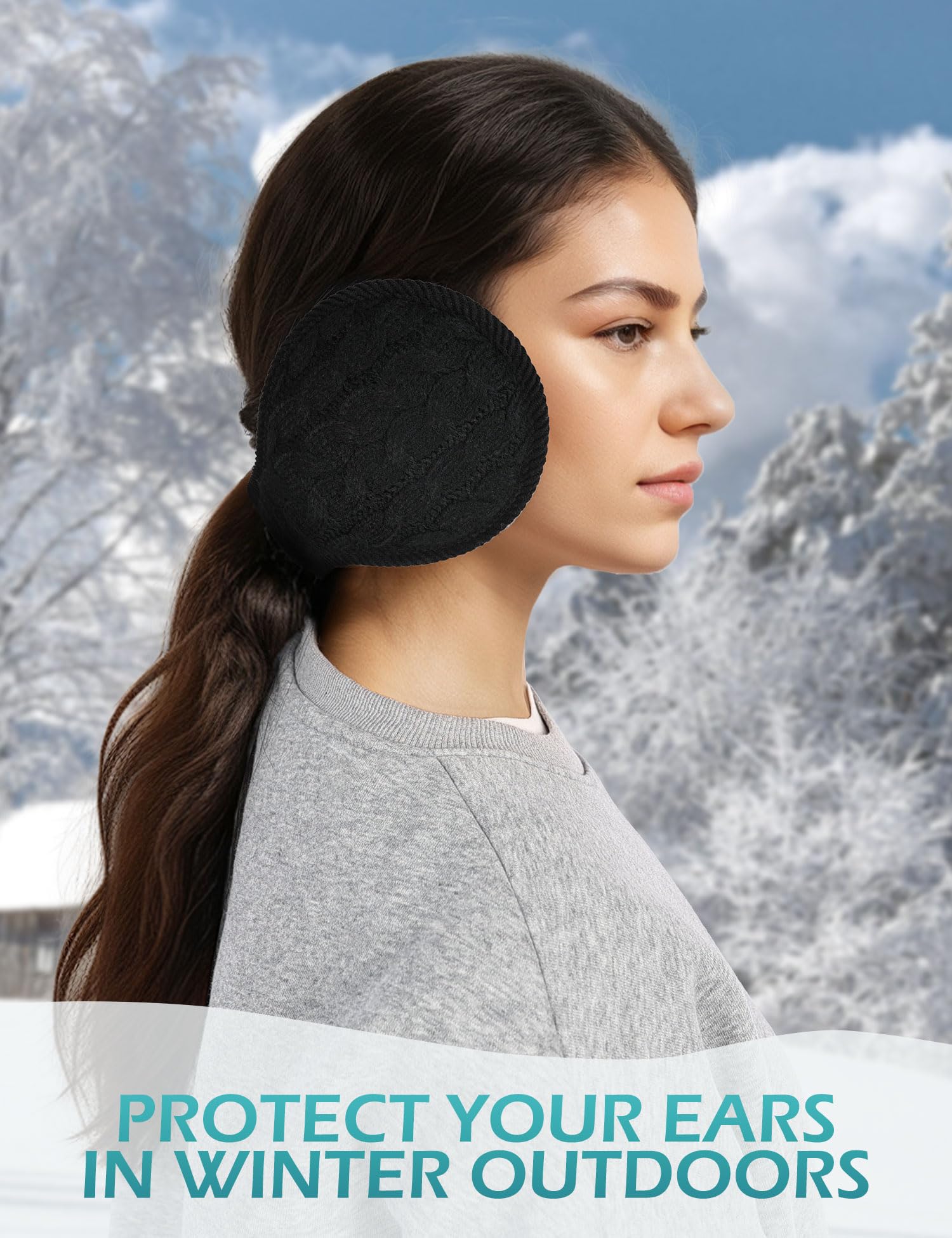 Surblue Unisex Warm Knit Cashmere Winter Pure Color Earmuffs with Fur Earwarmer, Adjustable Wrap,Black,Large