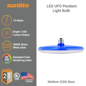 Sunlite Series UFO/LED/15W/30K/BLUE LED 15W (75W Equivalent) Blue UFO Pendant Fixture Light Bulbs, Medium (E26) Base, 3000K Warm White, 1 Count (Pack of 1)