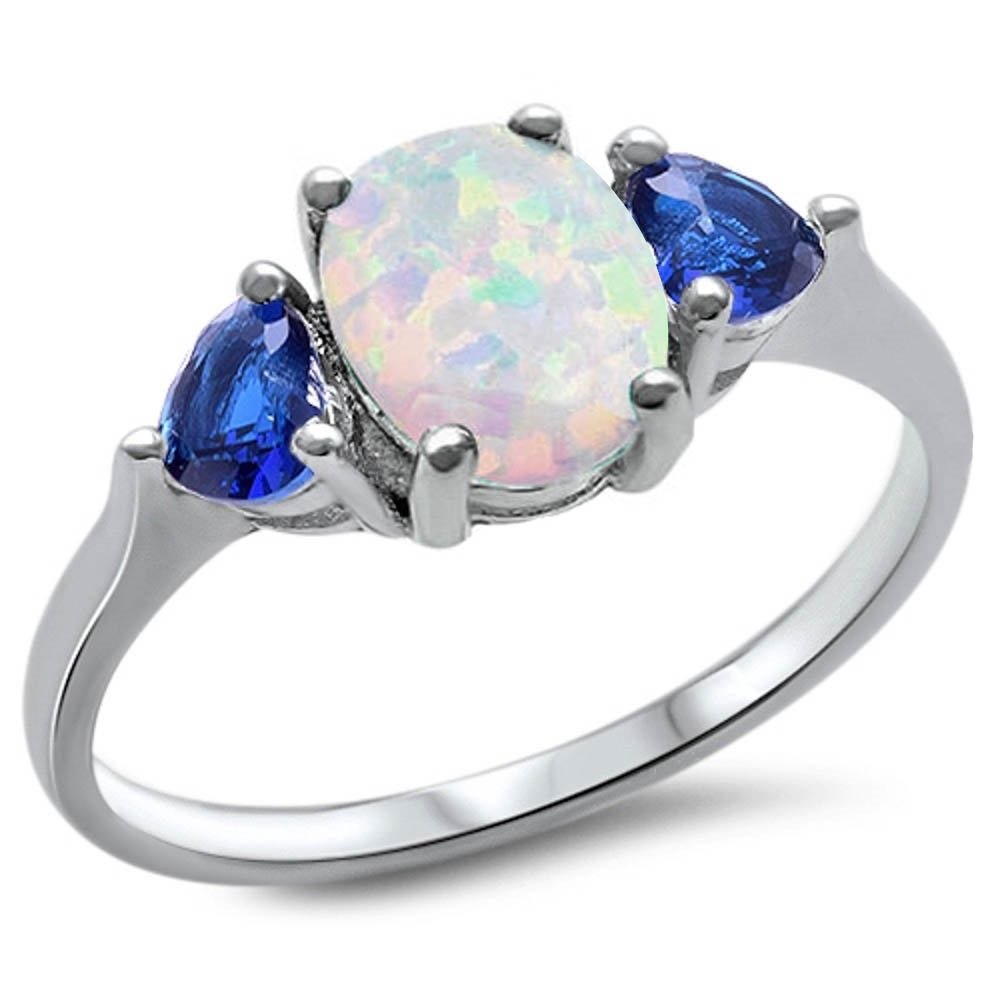 Oxford Diamond Co Sterling Silver Oval Lab Created White Opal & Blue Simulated Sapphire Heart Ring Sizes 9