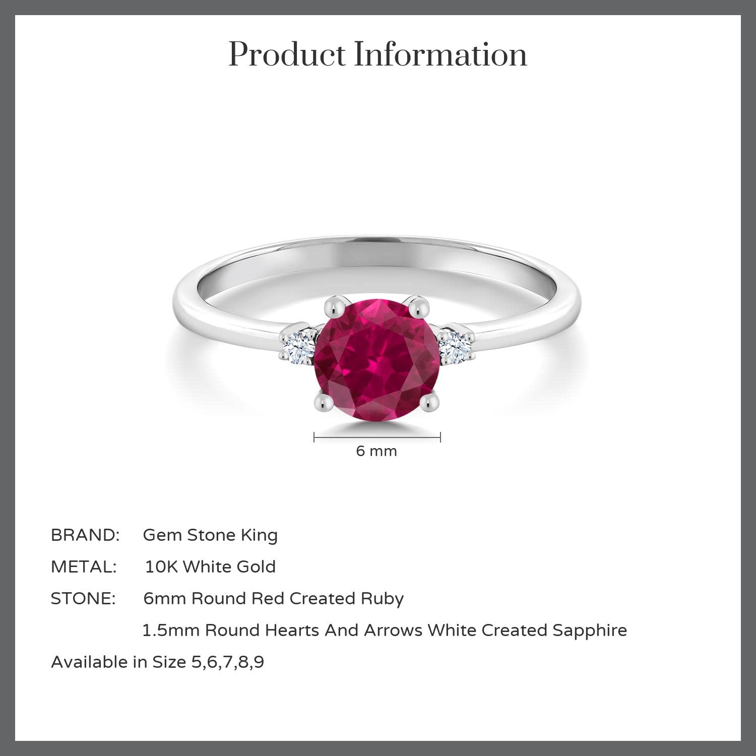 Gem Stone King 10K White Gold Red Created Ruby and White Created Sapphire Solitaire Engagement Ring For Women (1.03 Cttw, Round 6MM, Gemstone July Birthstone, Size 6)