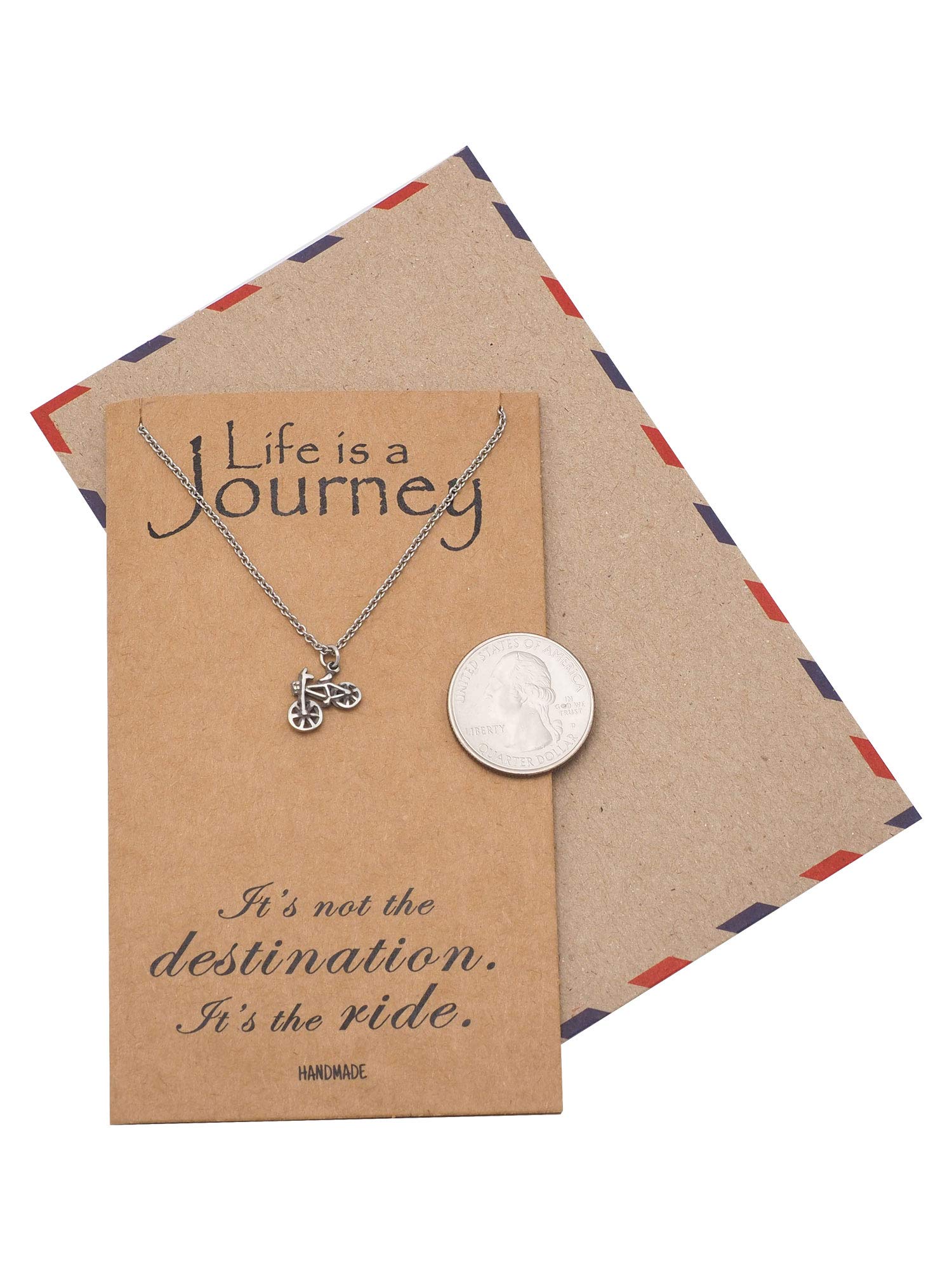 quan jewelry Mini Bicycle Necklace, Journey Traveler Pendant Charm, Gifts for Cyclists & Wanderlust, Minimal Dainty Necklaces, Fitness Jewelry with Quote Card