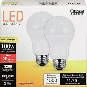 feit electric a19 led light bulbs, 100w equivalent, non dimmable, 1600 lumens, e26 standard base, 2700k soft white, 80 cri, 10 year lifetime, energy efficient, 2 pack, a1600/827/10kled/2