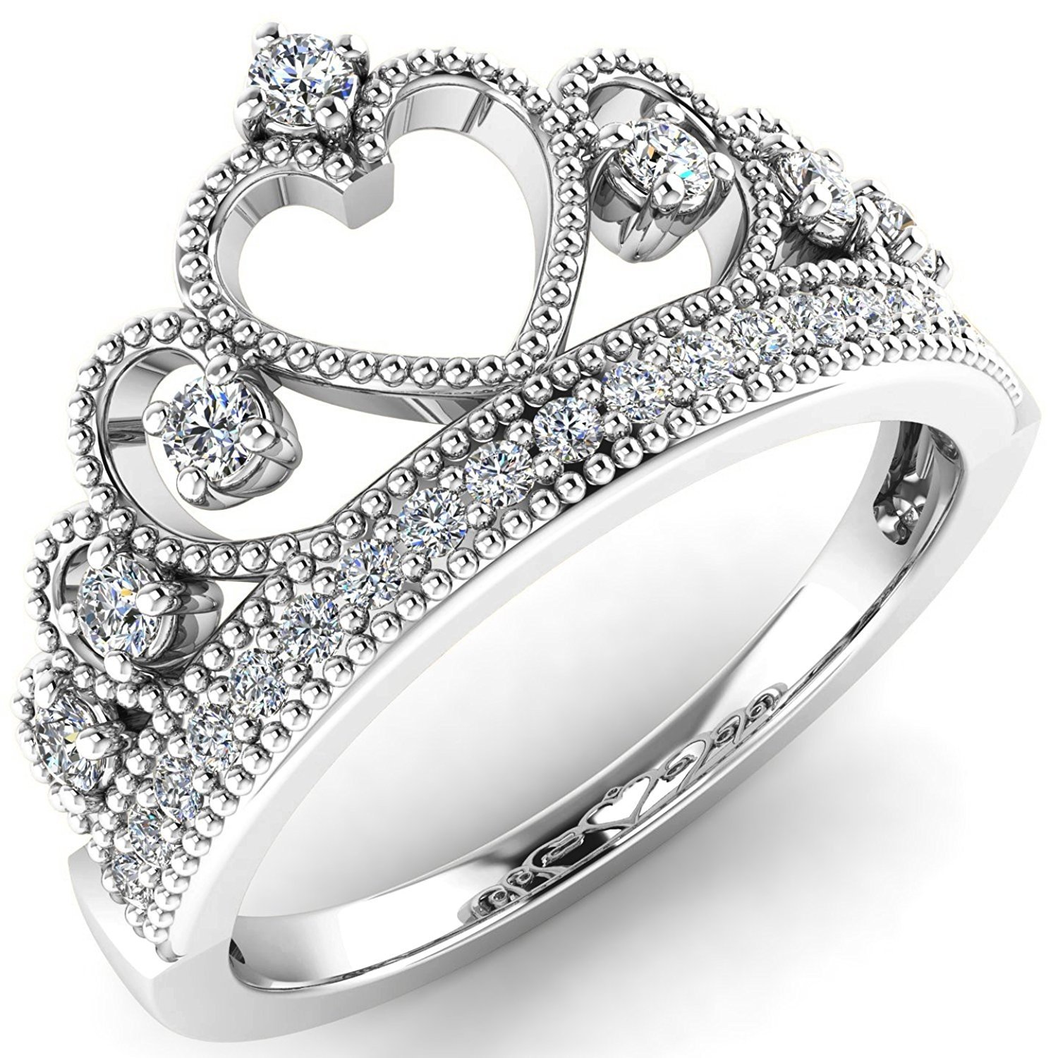 Sterling Silver Rhodium Plated Heart Princess Crown CZ Band Ring Size 7