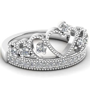 Sterling Silver Rhodium Plated Heart Princess Crown CZ Band Ring Size 7