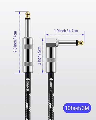 Donner Guitar Cable 10 ft, Electric Instrument Cable Bass Amp Cord for Electric Guitar Bass Amplifier Audio, 1/4" Right Angle to Straight, Black White