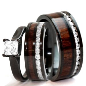 His & Hers Natural Koa Wood CZ 3 pcs Surgical Black Stainless Steel Engagement Wedding Rings set (Size His 13, Hers 09)