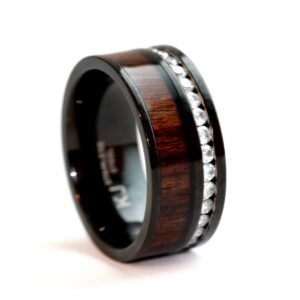 His & Hers Natural Koa Wood CZ 3 pcs Surgical Black Stainless Steel Engagement Wedding Rings set (Size His 13, Hers 09)