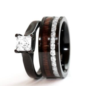 His & Hers Natural Koa Wood CZ 3 pcs Surgical Black Stainless Steel Engagement Wedding Rings set (Size His 13, Hers 09)