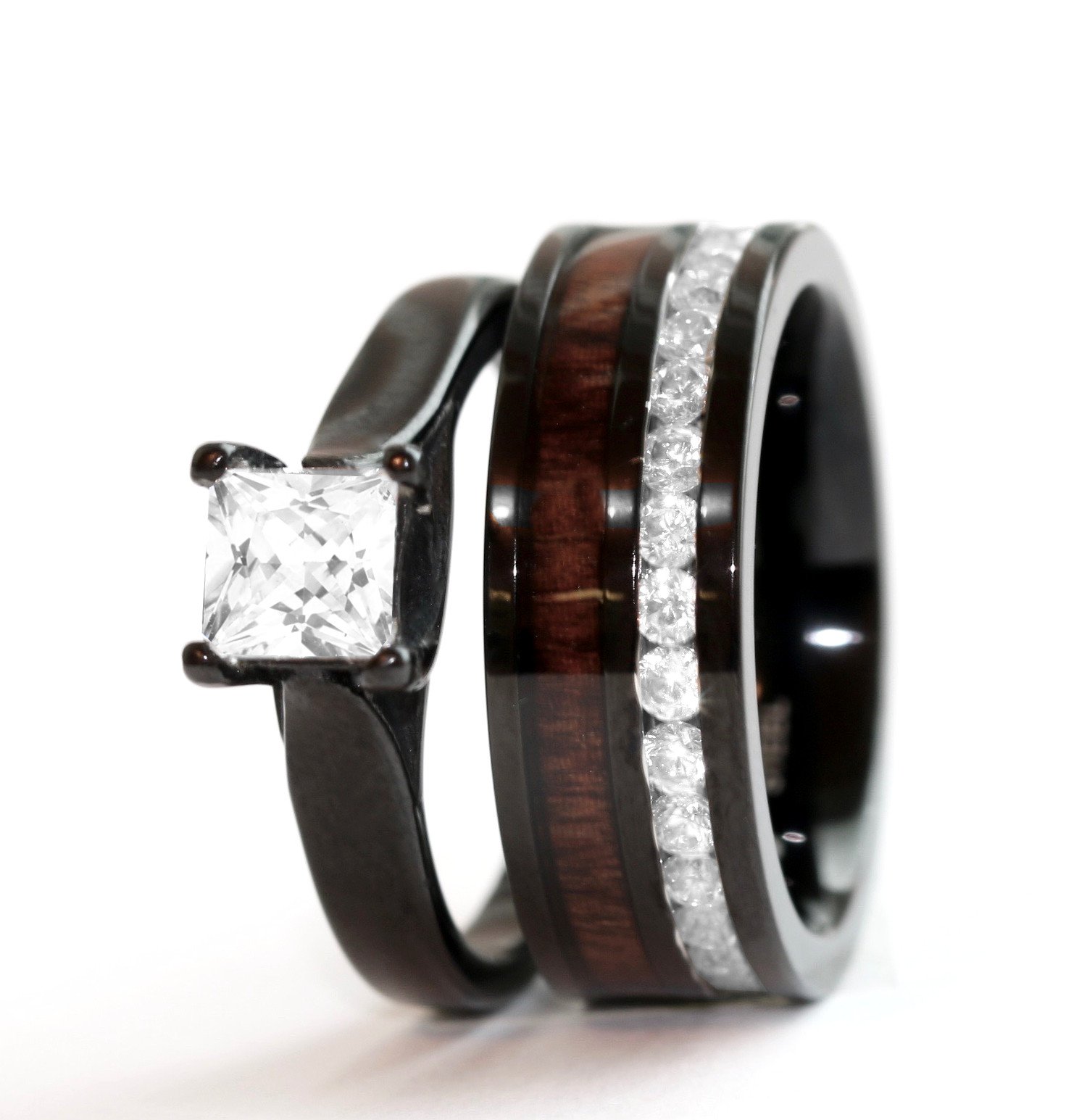 His & Hers Natural Koa Wood CZ 3 pcs Surgical Black Stainless Steel Engagement Wedding Rings set (Size His 13, Hers 09)