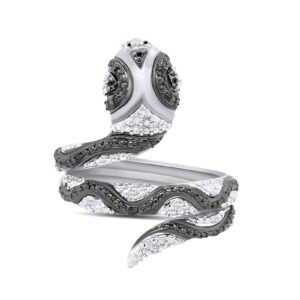 Jewel Zone US Black Natural Diamond Accent Snake Ring in 14k White Gold Over Sterling Silver (0.02 Ct)