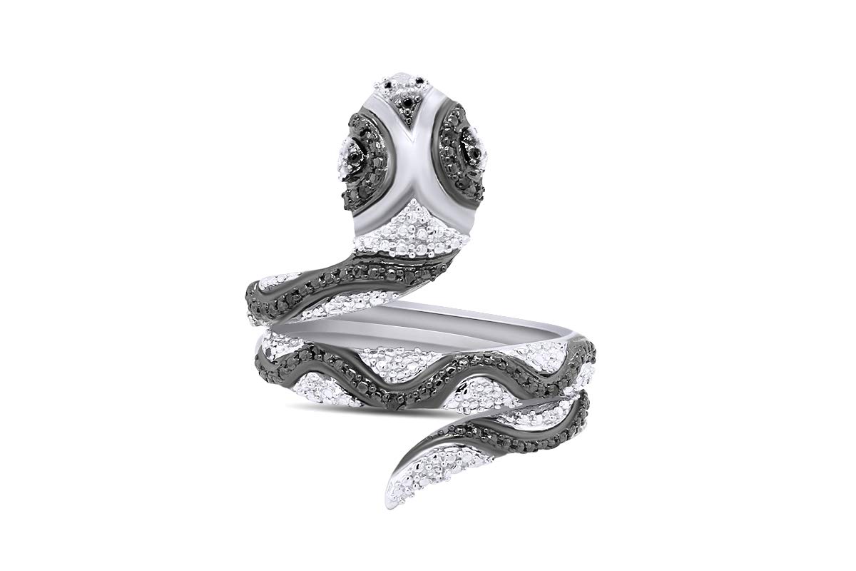 Jewel Zone US Black Natural Diamond Accent Snake Ring in 14k White Gold Over Sterling Silver (0.02 Ct)