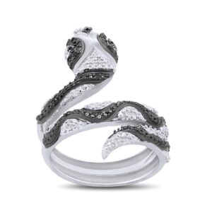 Jewel Zone US Black Natural Diamond Accent Snake Ring in 14k White Gold Over Sterling Silver (0.02 Ct)