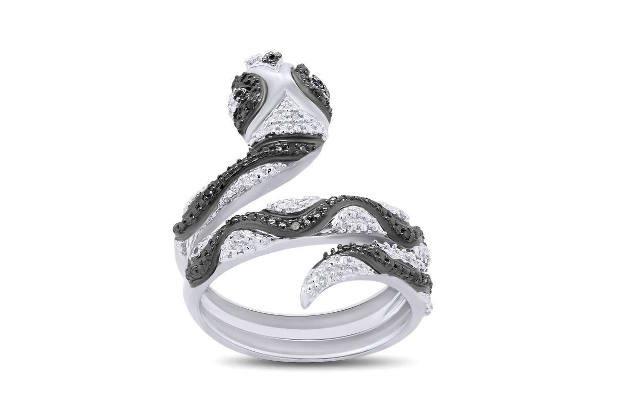 Jewel Zone US Black Natural Diamond Accent Snake Ring in 14k White Gold Over Sterling Silver (0.02 Ct)