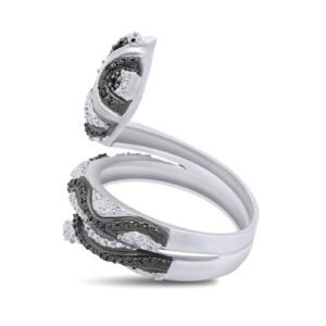 Jewel Zone US Black Natural Diamond Accent Snake Ring in 14k White Gold Over Sterling Silver (0.02 Ct)