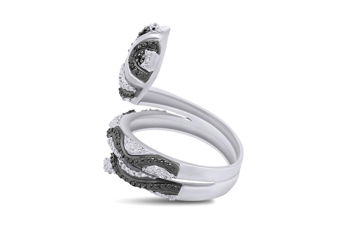 Jewel Zone US Black Natural Diamond Accent Snake Ring in 14k White Gold Over Sterling Silver (0.02 Ct)